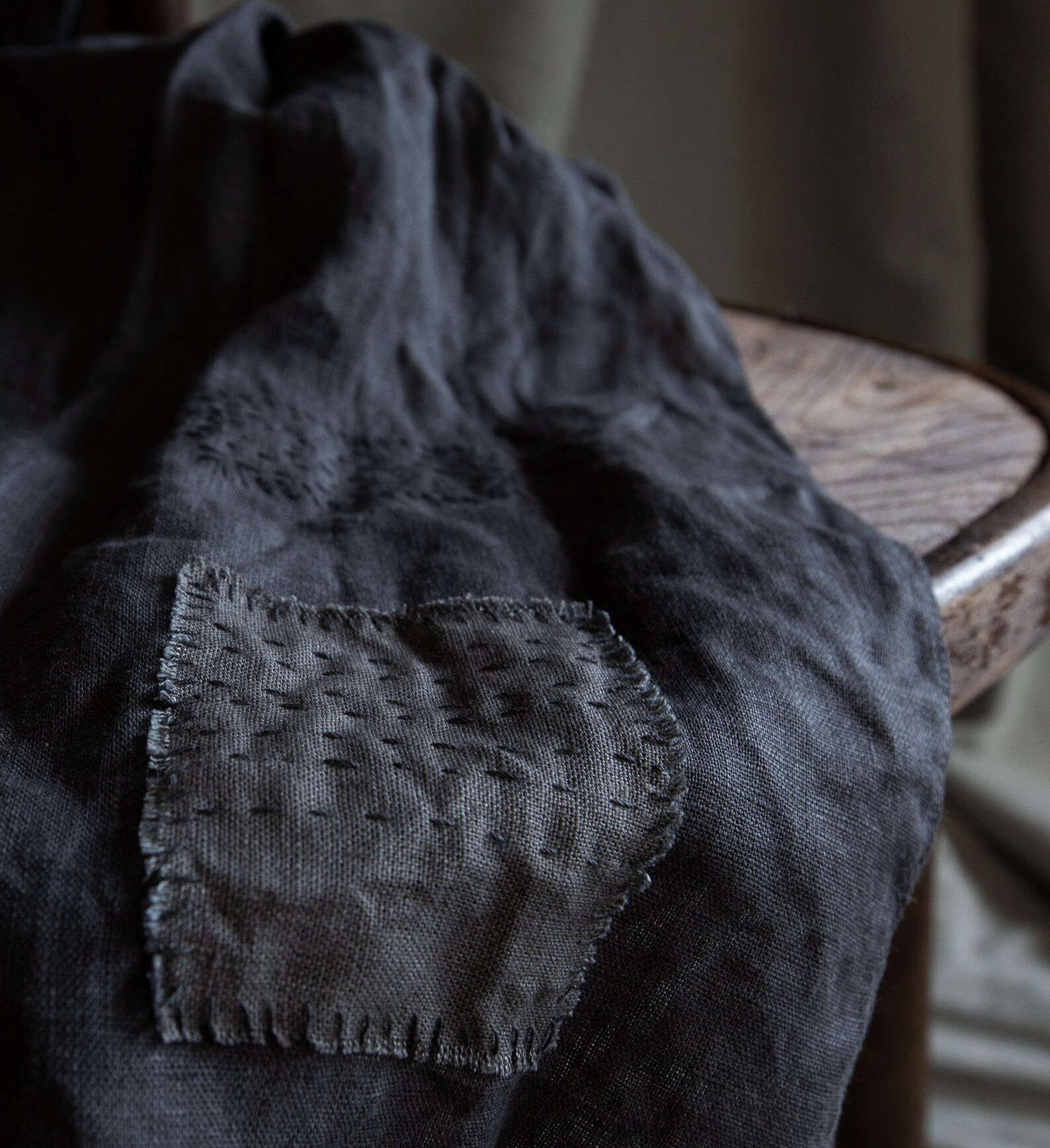 Off Black / Dark Grey Linen Patched Scarf INSPIRATION. Linen | Etsy