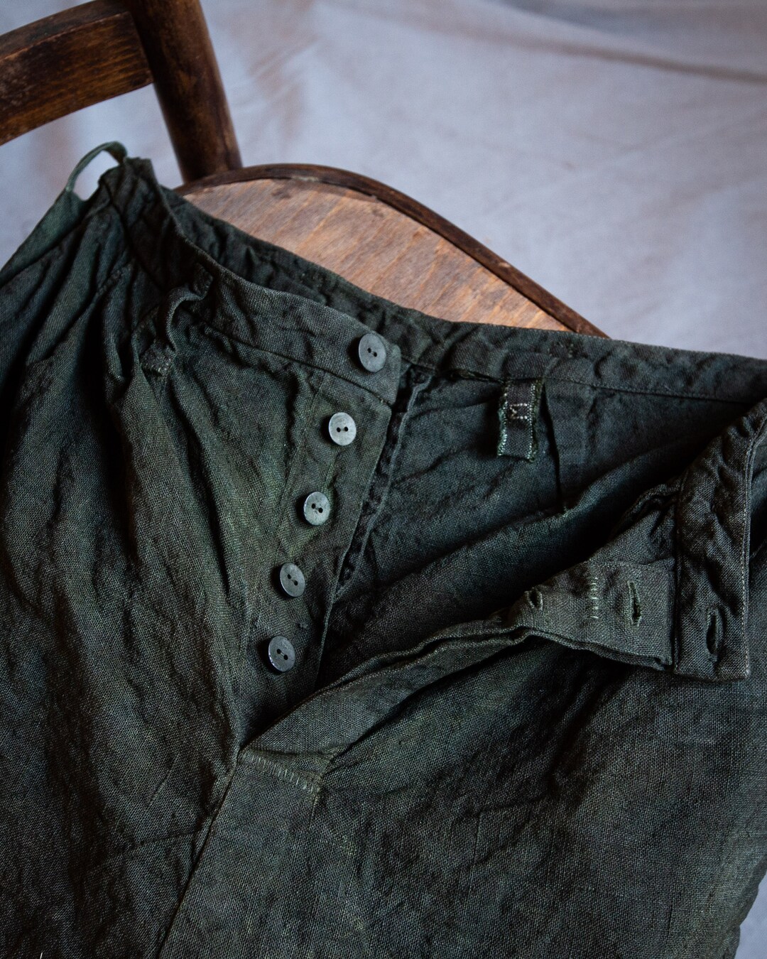 Dark Green Linen Pants HEMINGWAY. Naturally Dyed Buttoned Trousers ...