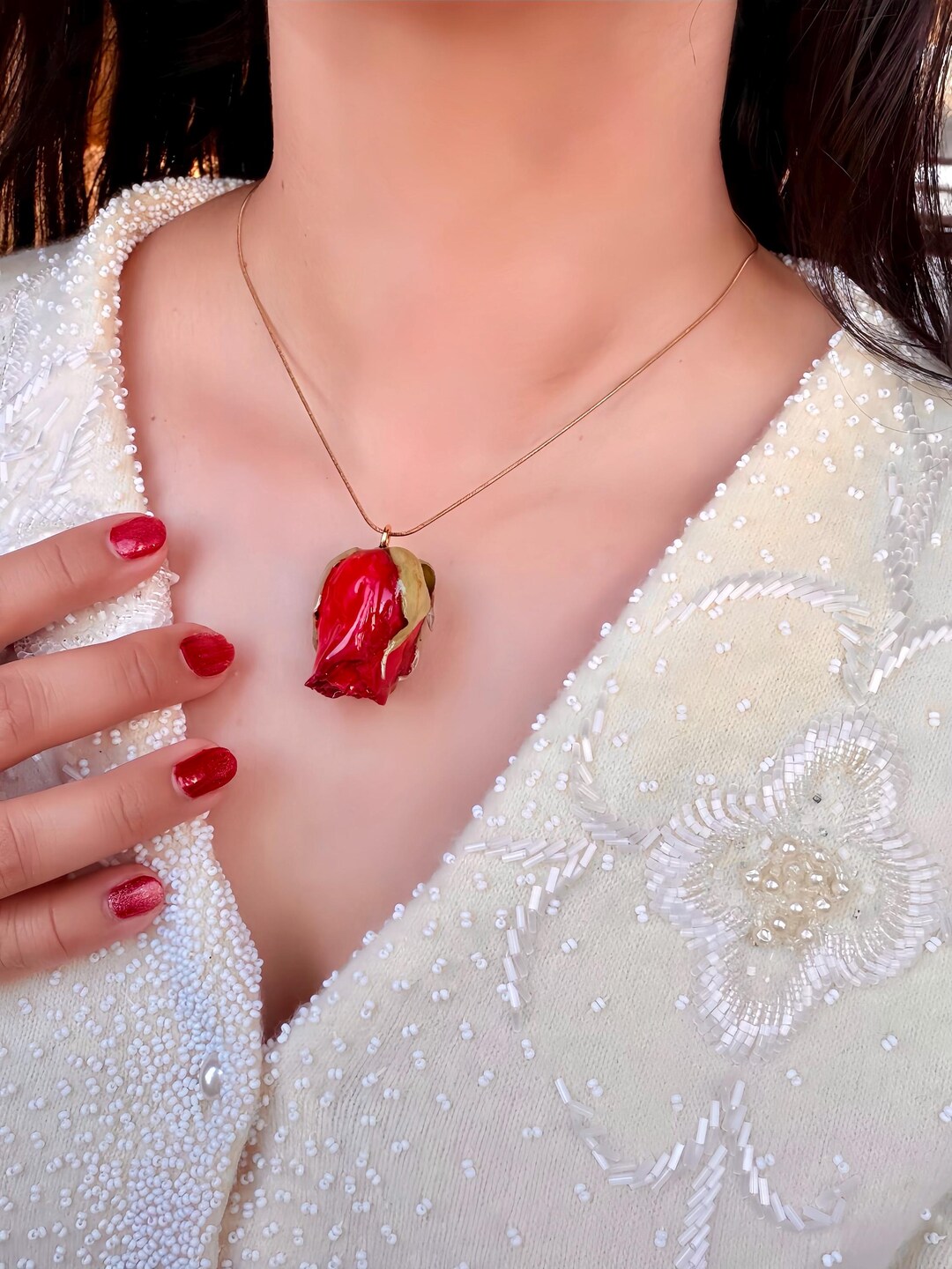 Red Rose Necklace- 18k Gold Plated Chain Real Flower Pendant Floral ...