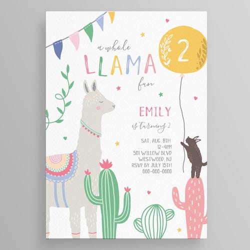 Llama Birthday Invitation Whole Llama Fun Invite Cactus Alpaca - Etsy