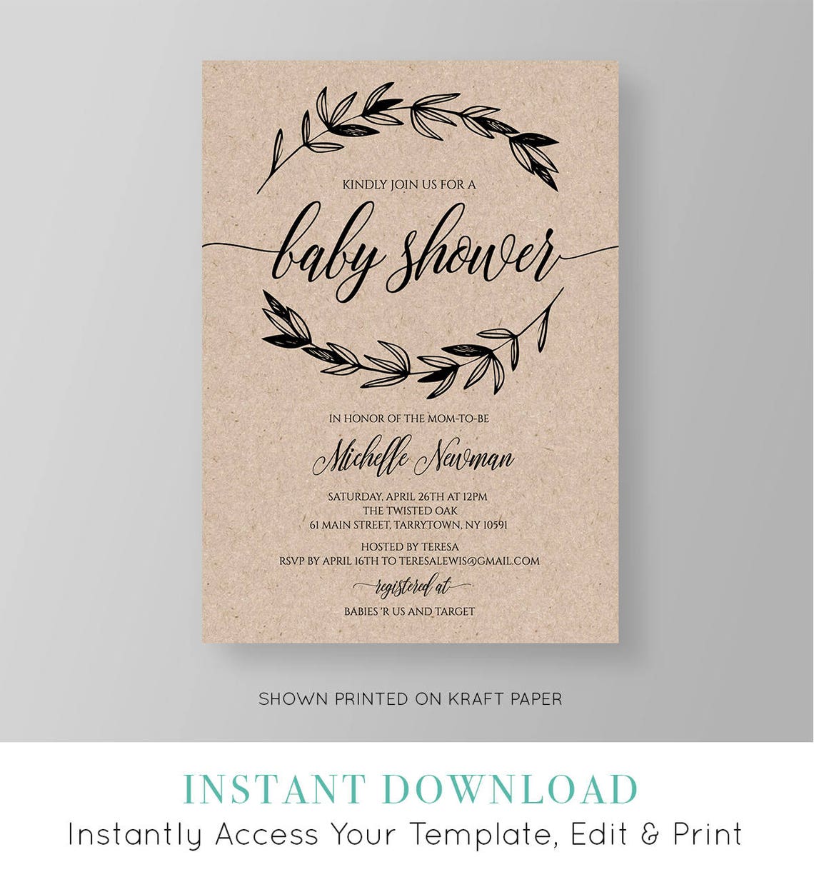 Baby Shower Invitation Template Rustic Laurels Printable - Etsy
