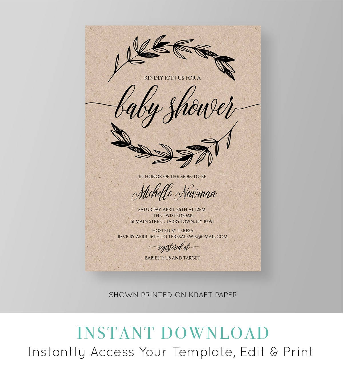 Baby Shower Invitation Template Rustic Laurels Printable | Etsy