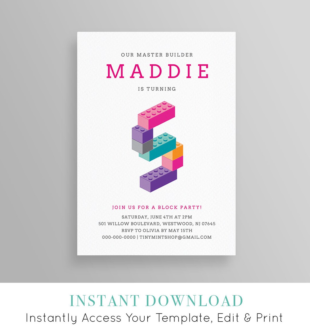 Master Builder Birthday Party Invitation, INSTANT DOWNLOAD, Printable ...