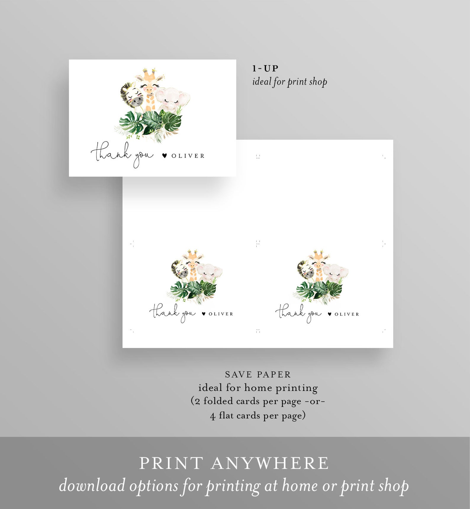 Baby Animals Thank You Card Template, Printable Safari Birthday, Jungle ...