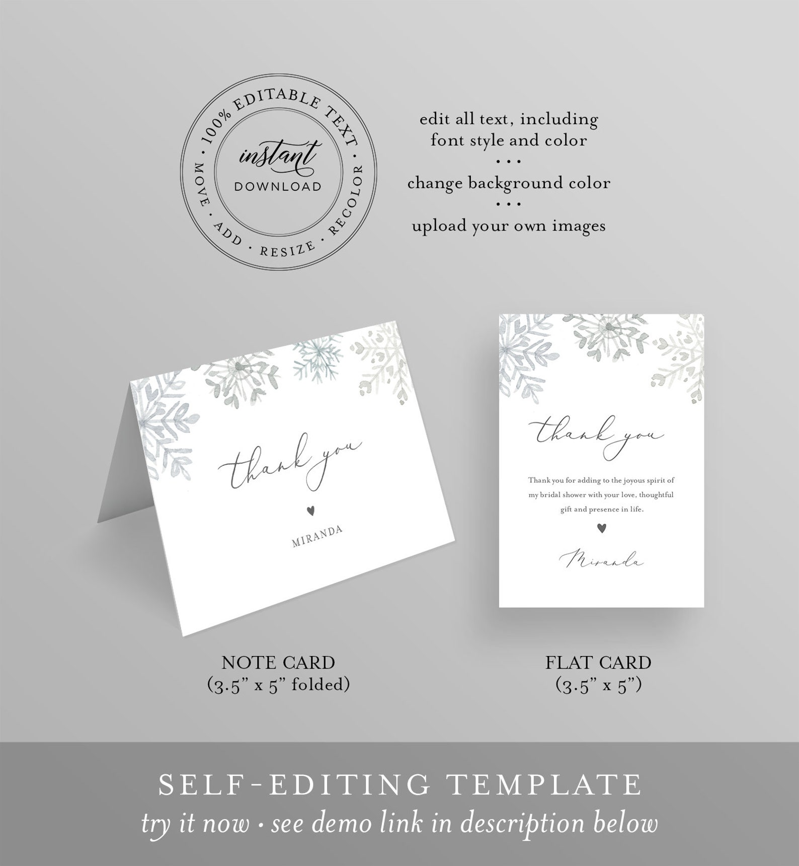 Snowflake Thank You Card Template, Winter Baby Shower Thank You, Flat ...