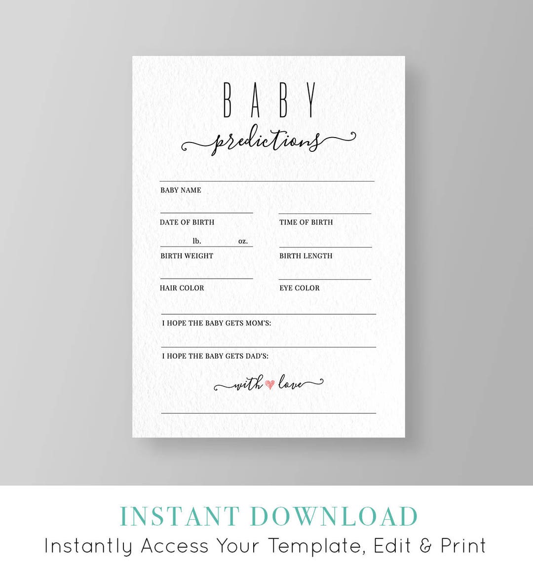 Baby Predictions Card, Baby Shower Games, Boy or Girl Shower, Gender ...