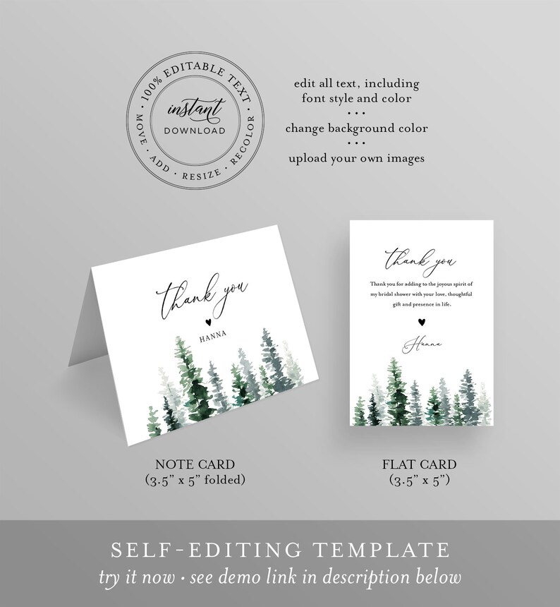 Pine Tree Thank You Card Template Printable Rustic Pine | Etsy