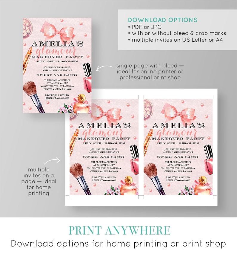 Makeover Party Invitation Template Printable Girls Birthday - Etsy