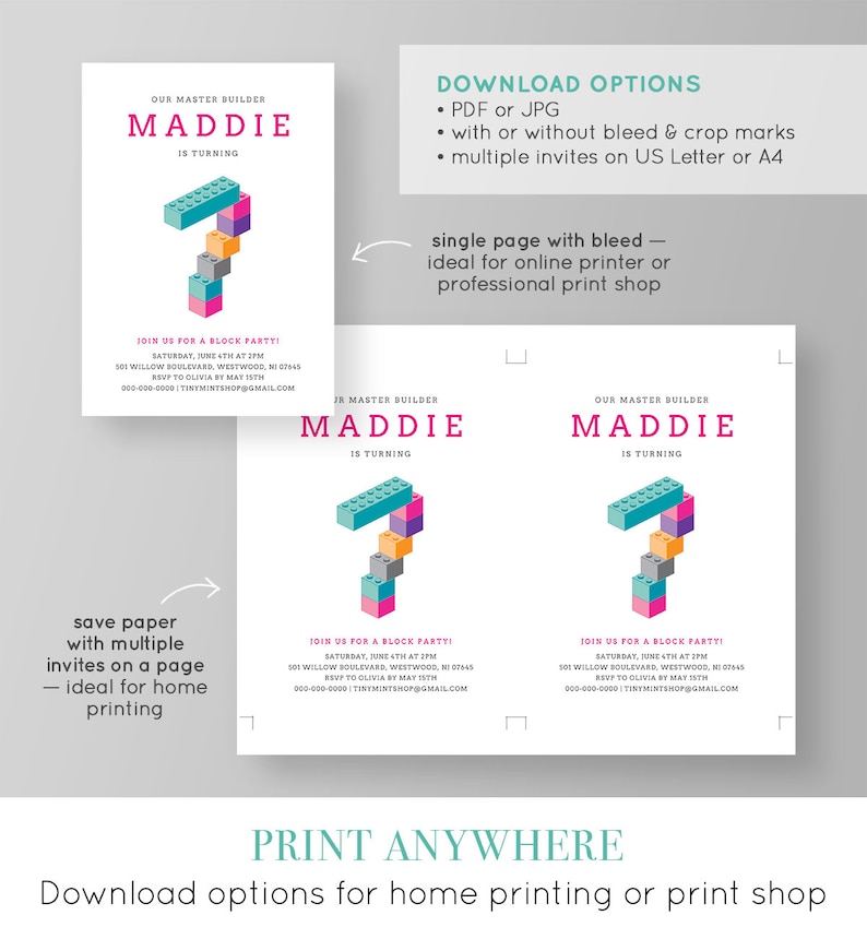 7th Birthday Party Invitation, INSTANT DOWNLOAD, Printable Brick ...