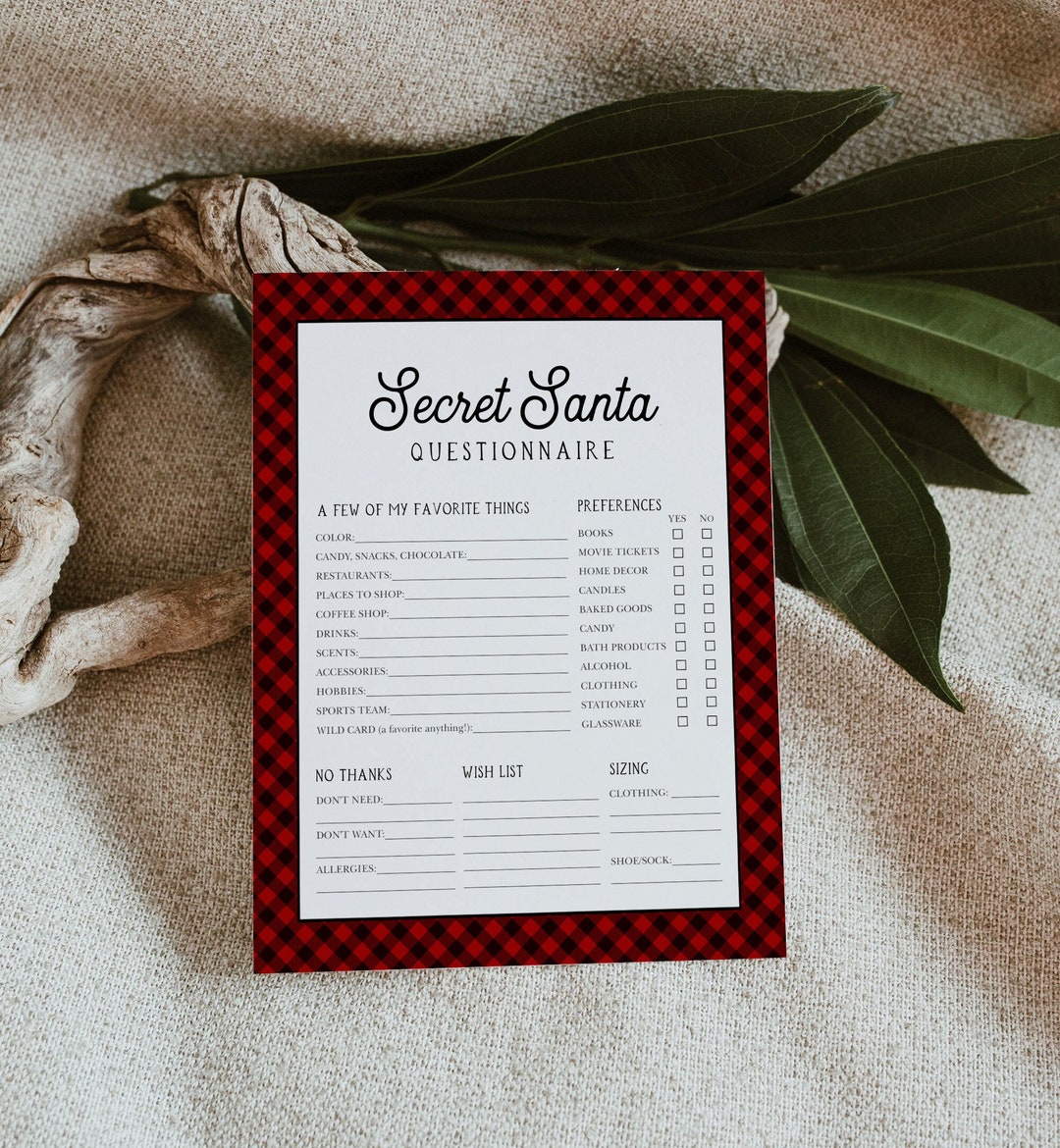 Secret Santa Questionnaire,christmas Gift Exchange Form, White Elephant ...