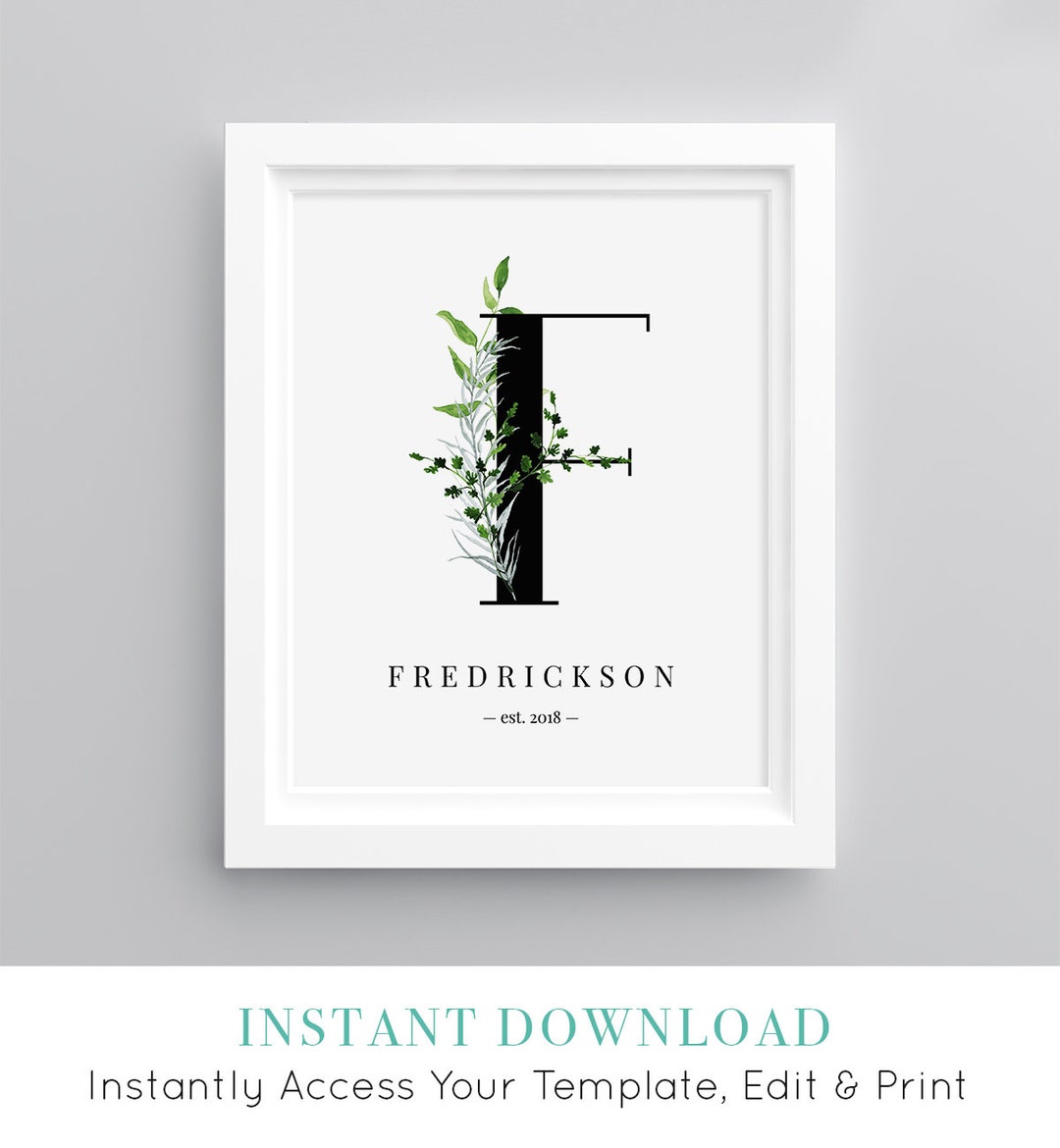 Printable Family Print, Monogram f, Editable File, Personalized Surname ...