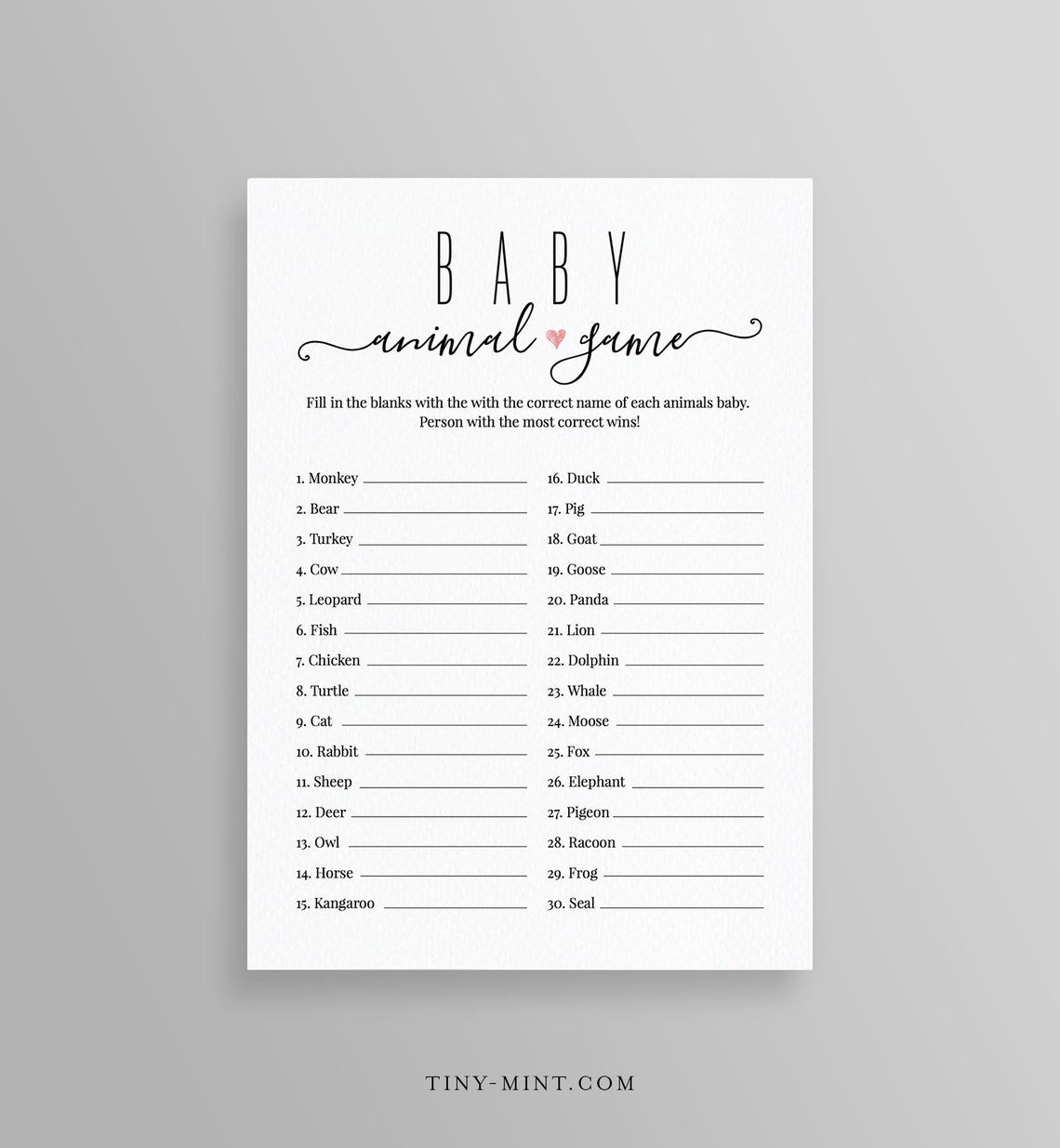 Baby Animal Baby Shower Game, Printable Name That Baby Game, 100% ...