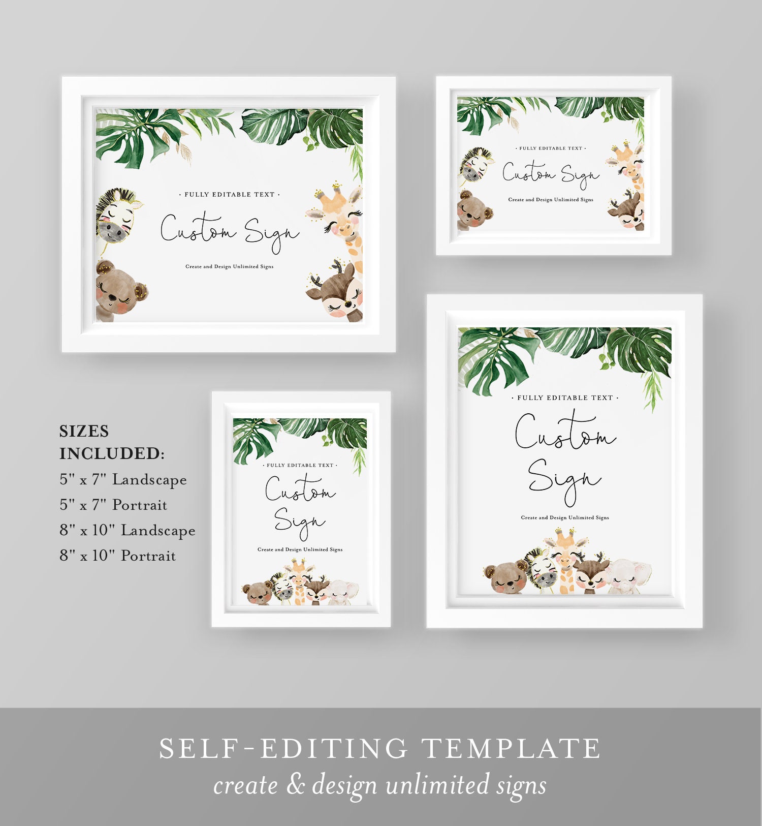 Safari Custom Sign Template, Cute Animals Birthday Party Tabletop Sign ...