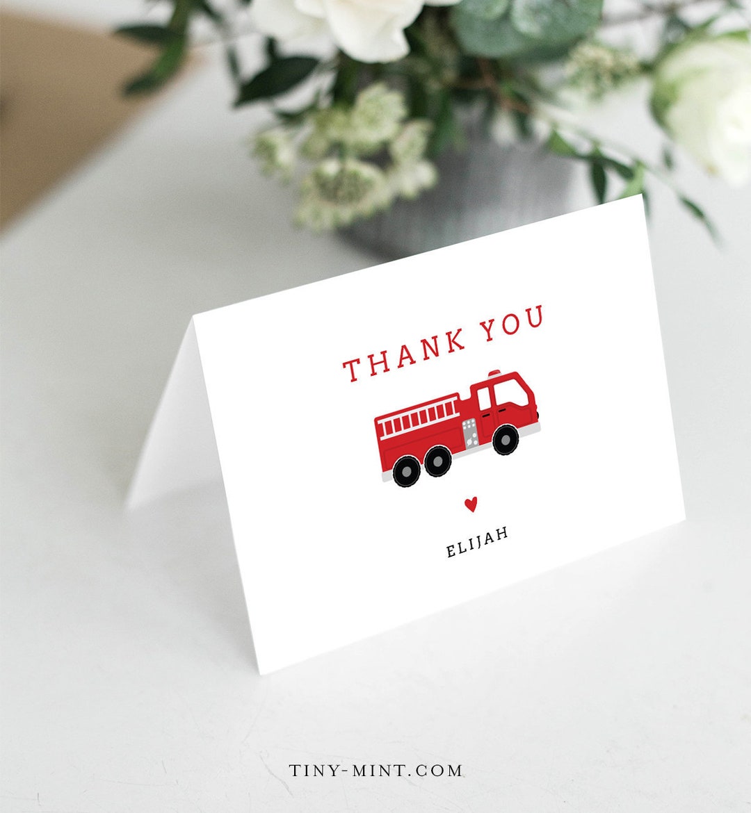 Fire Truck Thank You Card Template, Printable Firefighter Birthday ...