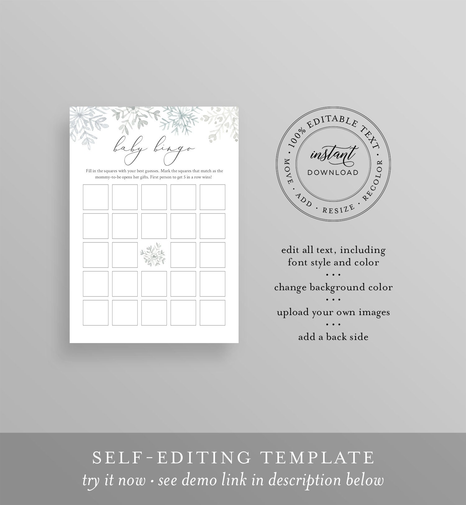 Winter Baby Shower Bingo Game, Snowflake Bingo Card, Printable Baby ...