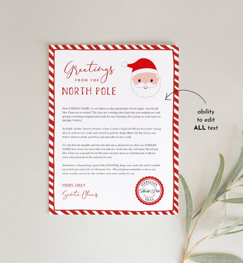 Santa Claus Letter Template Letter From the North Pole - Etsy