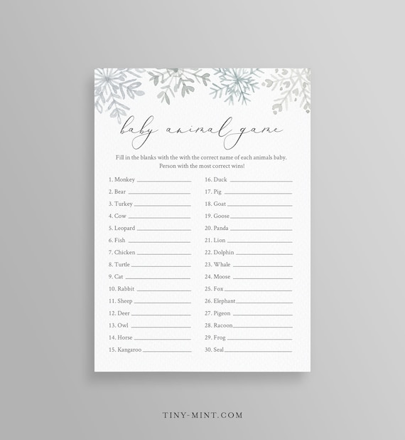 Baby Animal Baby Shower Game Winter Snowflake Printable Name | Etsy