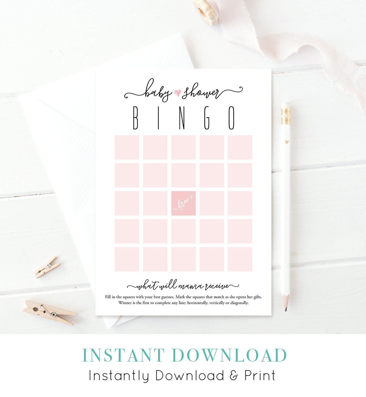 Baby Shower Bingo Card, Baby Shower Games, DIY Pink Heart Bingo Game ...