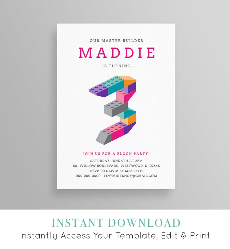 3rd Birthday Party Invitation Printable Master Builder - Etsy