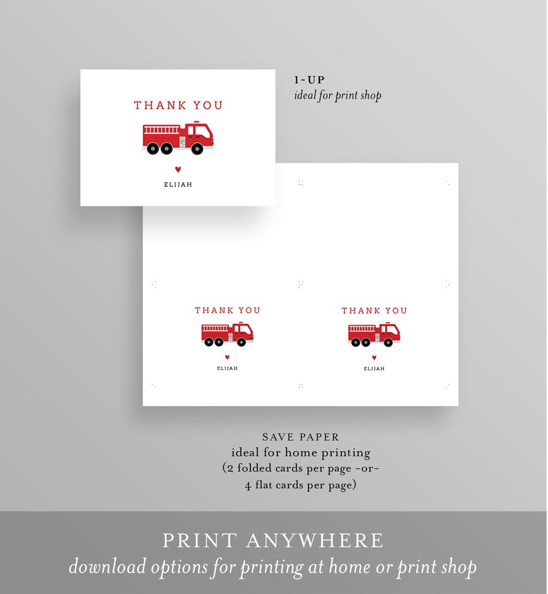 Fire Truck Thank You Card Template Printable Firefighter | Etsy