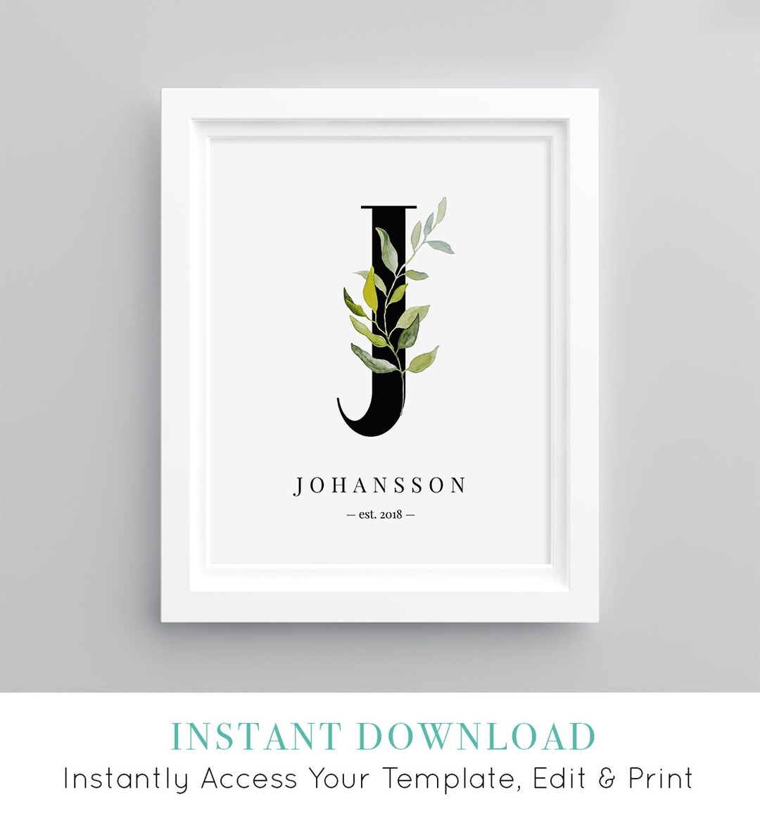 Printable Monogram Decor, Letter J, Personalized Family Name / Baby ...