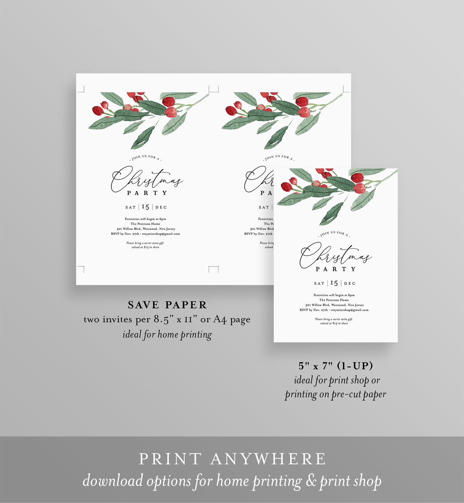 Christmas Party Invitation Template, Printable Christmas Dinner Invite ...