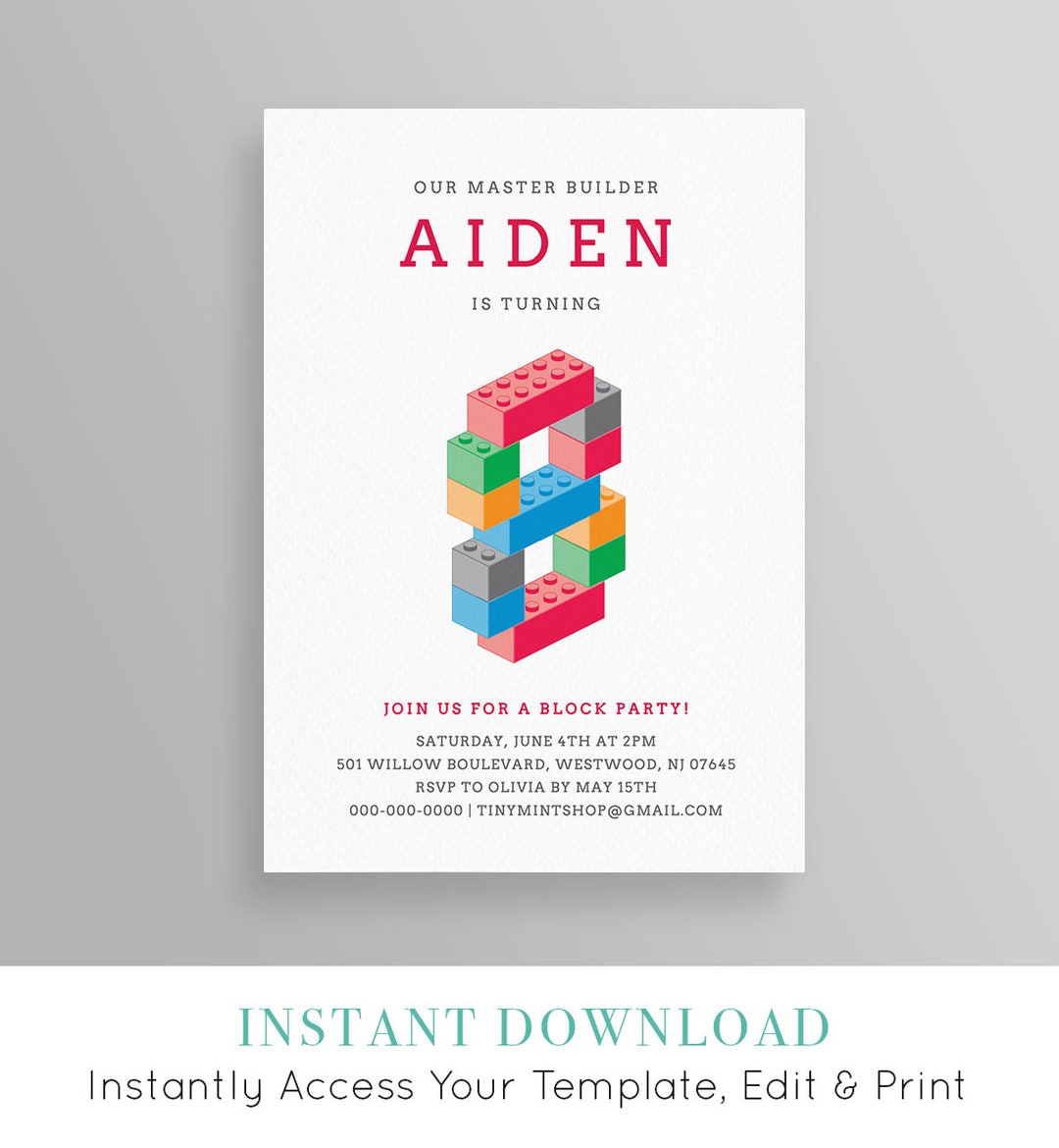 INSTANT DOWNLOAD, Brick Birthday Invitation Template, Editable Block ...