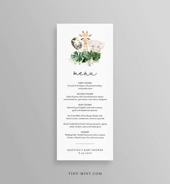 Safari Party Menu Card Cute Baby Animals Menu Template | Etsy