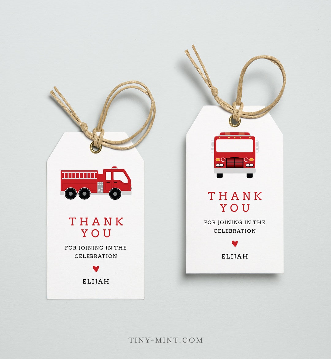 Firetruck Favor Tag Template, Fireman Birthday Party Thank You Tag ...