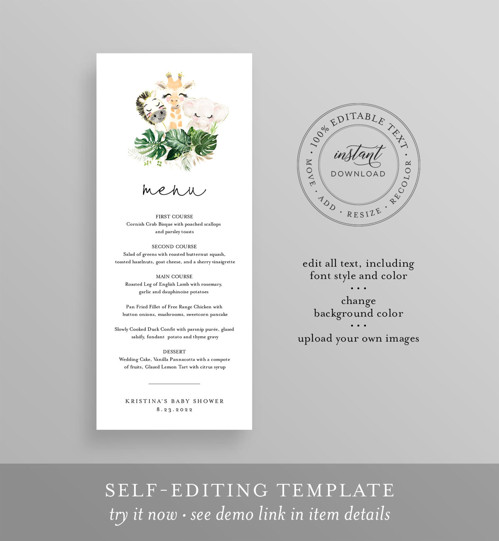 Safari Party Menu Card, Cute Baby Animals Menu Template, Printable ...