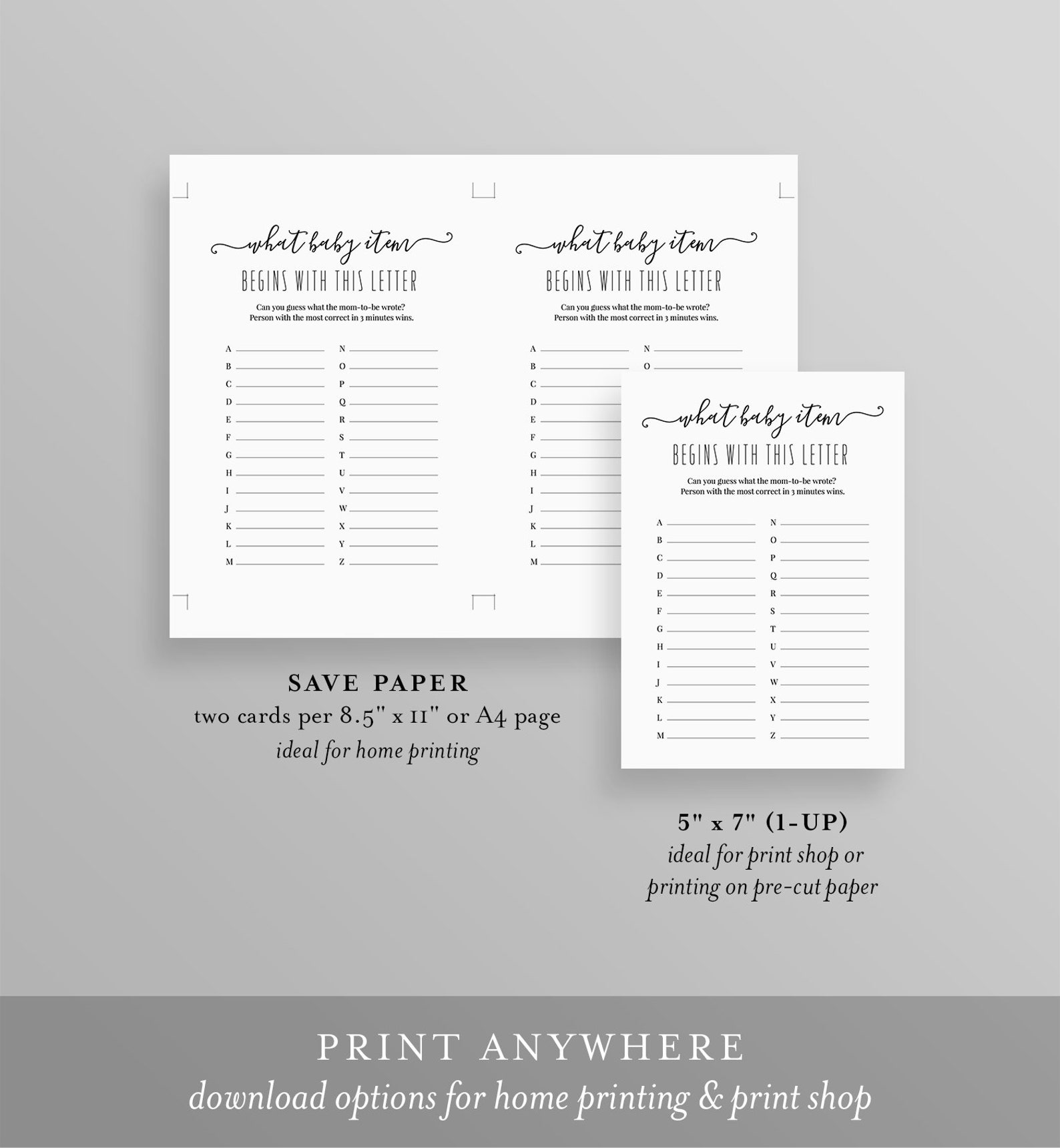 Alphabet Baby Shower Game, What Baby Item Begins With This Letter Game ...