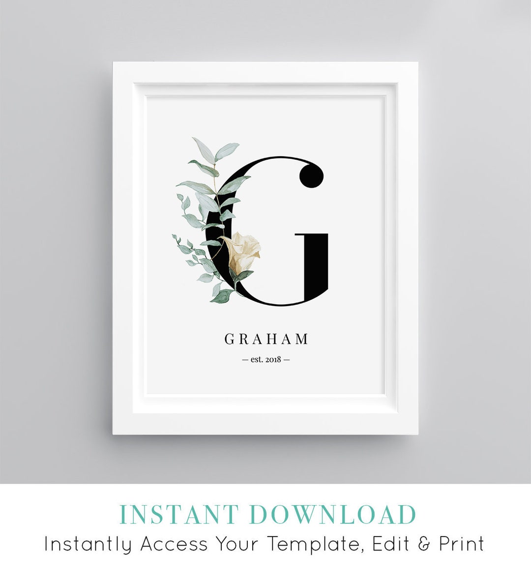 Monogram Wall Art Printable, Greenery Letter G, Family / New Baby Name ...