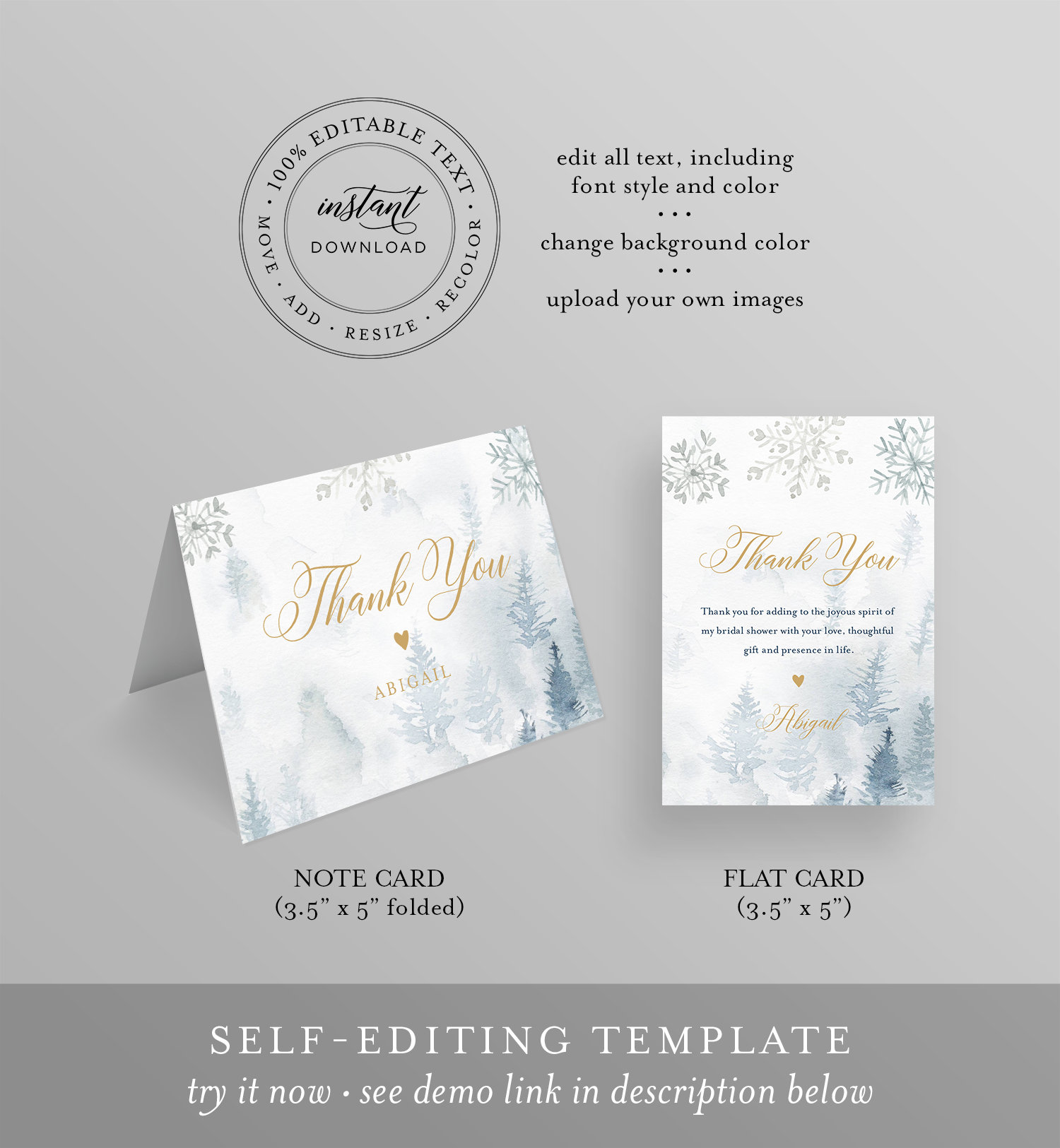 Winter Thank You Card Template, Printable, Snowflake Note Card, Folded ...