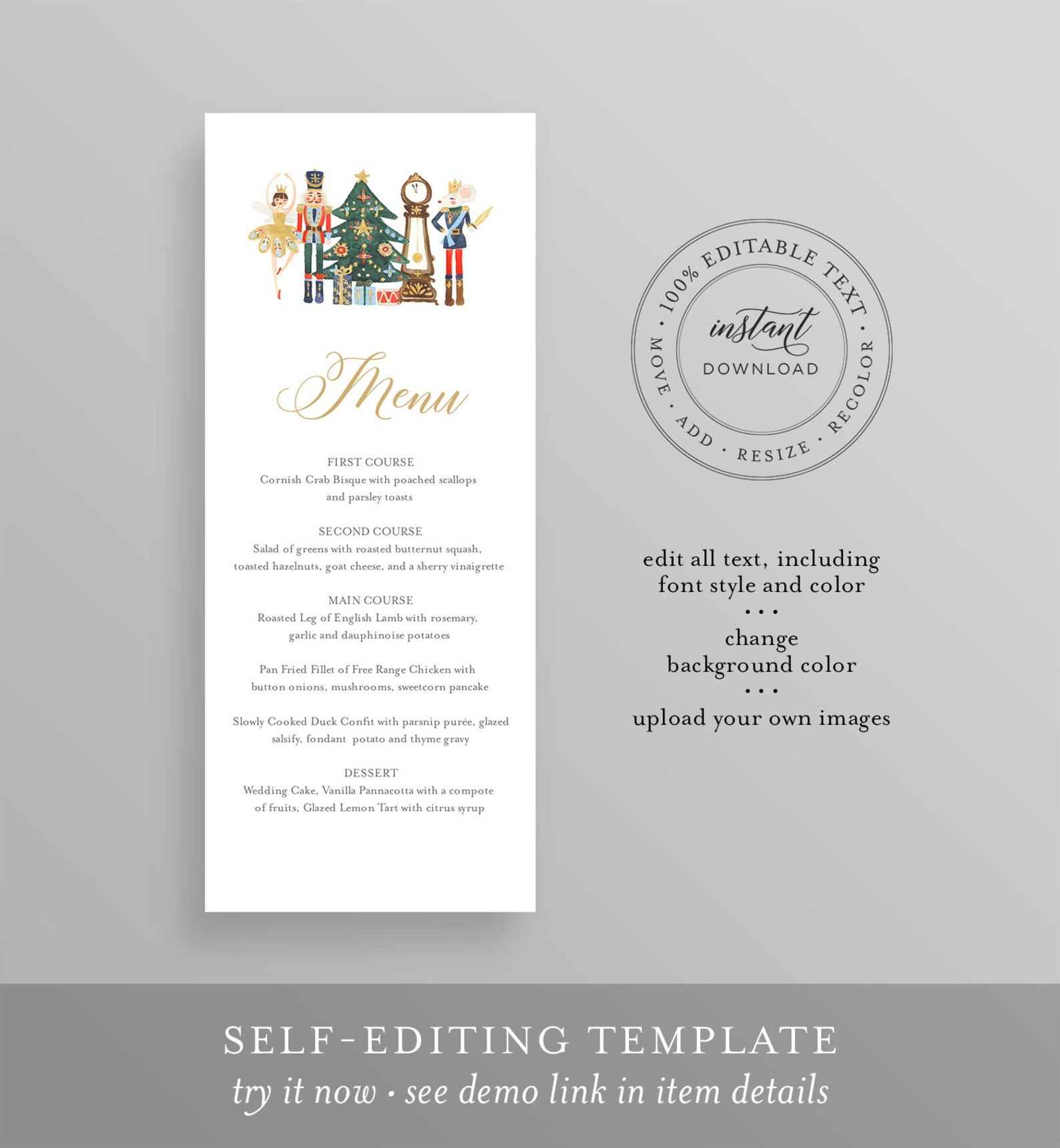 Nutcracker Menu Card, Holiday Dinner Menu Template, Printable Christmas ...