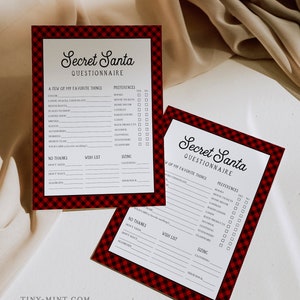 Secret Santa Questionnaire,christmas Gift Exchange Form, White Elephant ...
