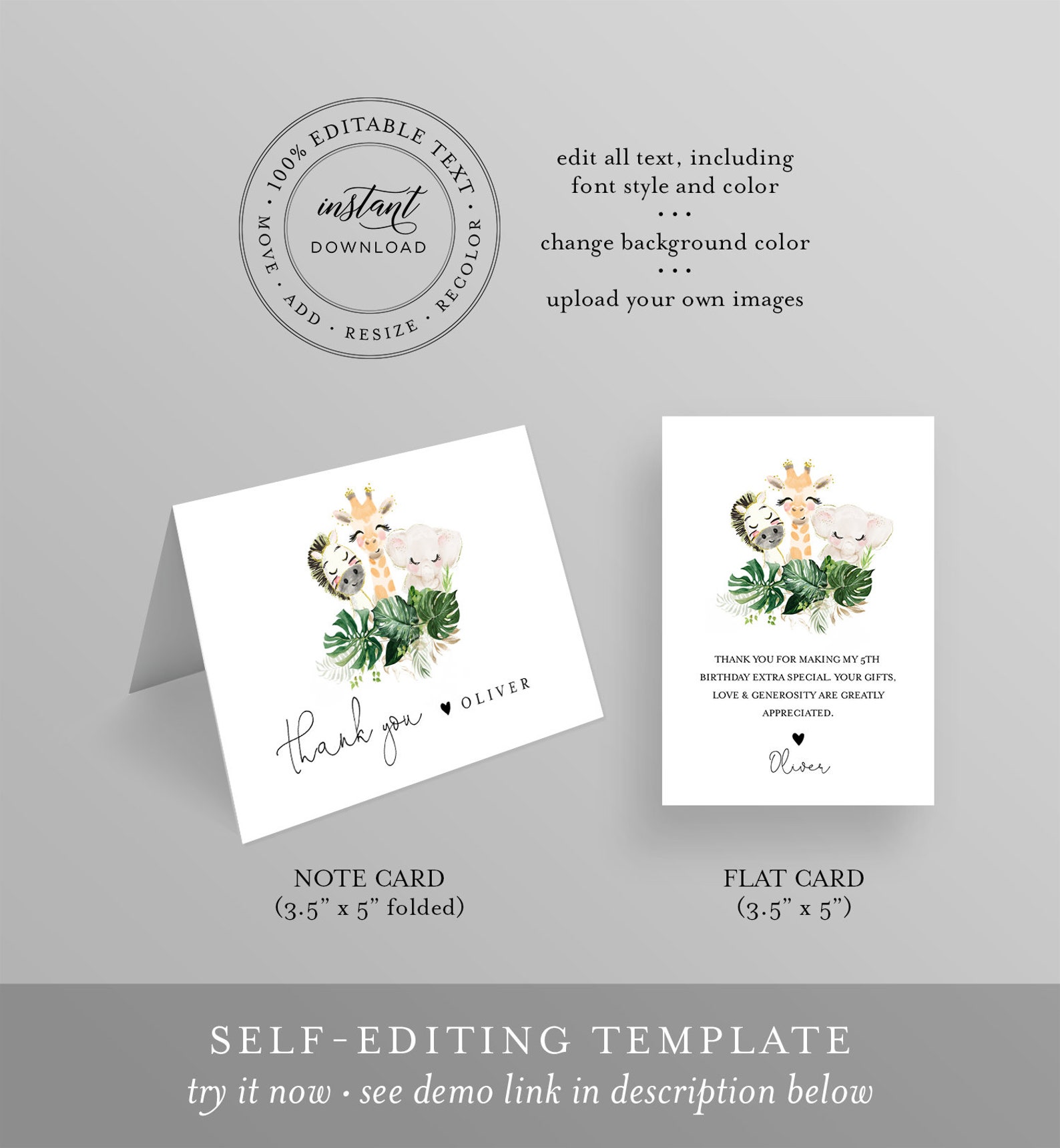 Baby Animals Thank You Card Template, Printable Safari Birthday, Jungle ...