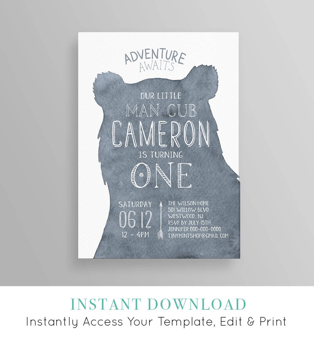 Boy Birthday Invitation, Woodland Rustic Bear, Adventure Awaits, 1st ...