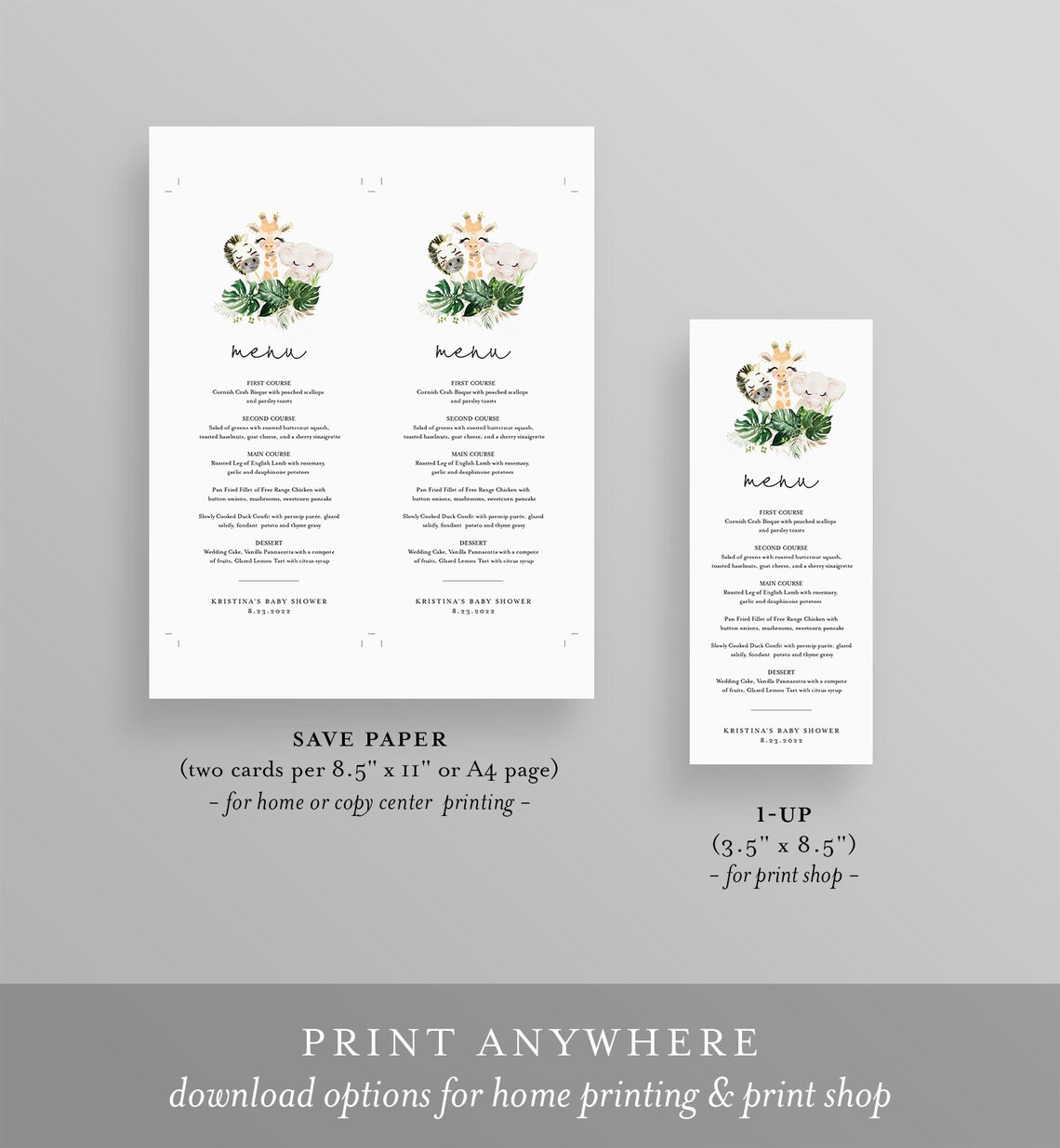 Safari Party Menu Card, Cute Baby Animals Menu Template, Printable ...
