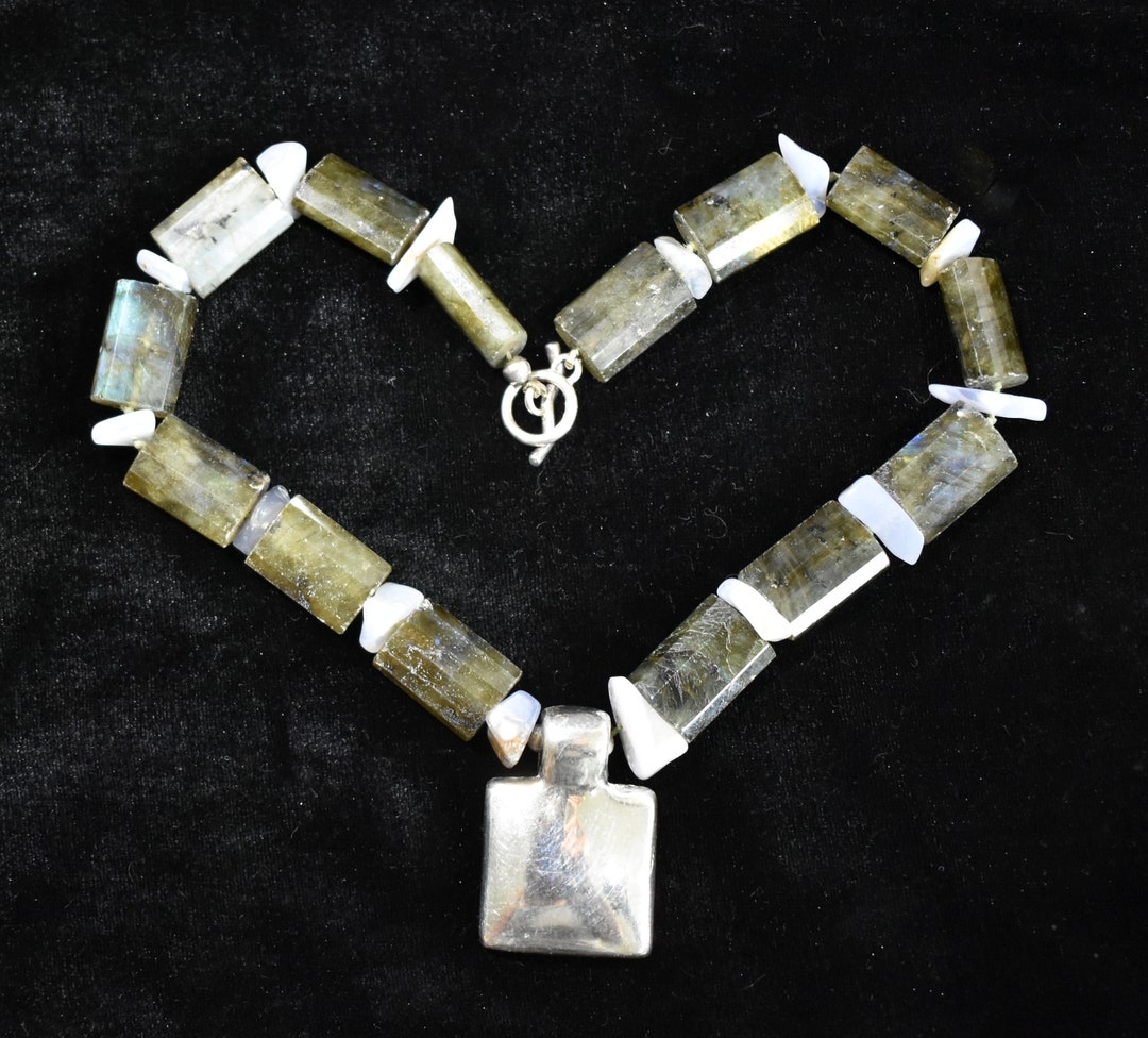 Vintage Signed Simon Sebbag Labradorite, Lacy Agate and Sterling Silver ...