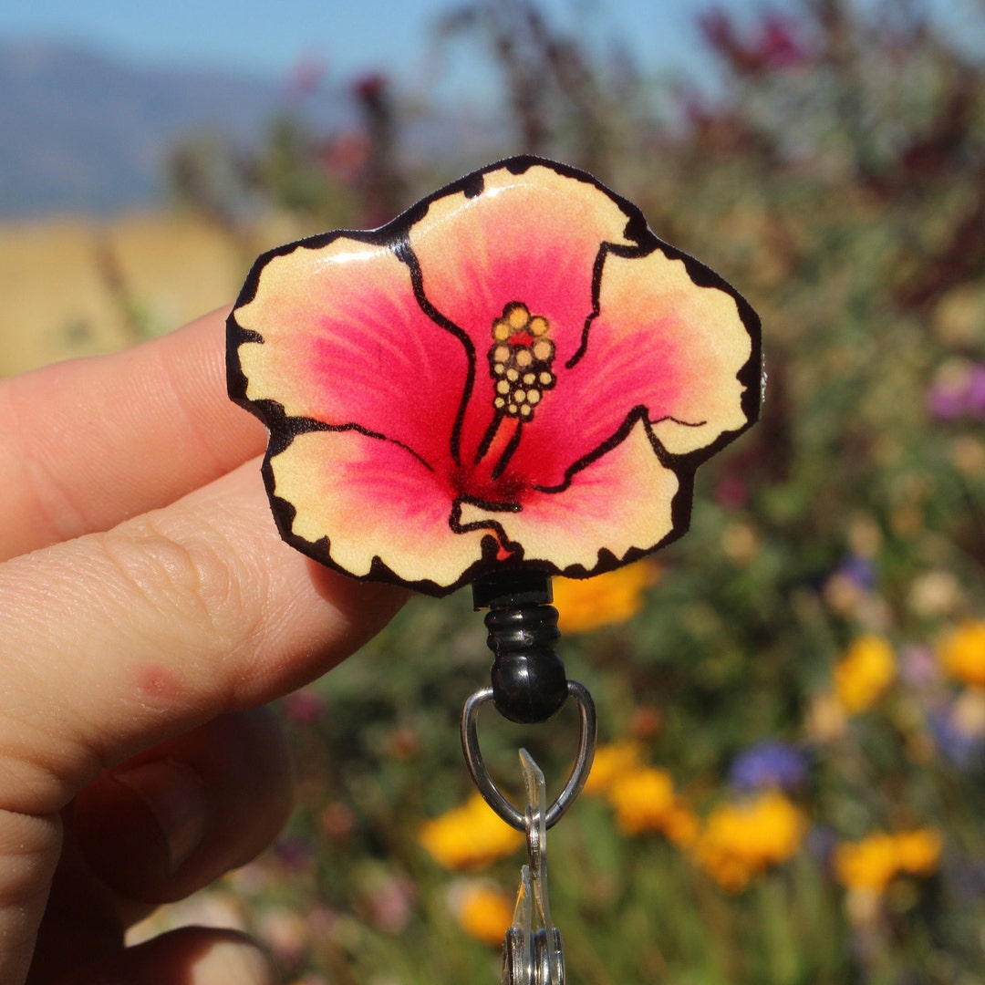 Hibiscus Flower Badge Reel ID Holder: Retractable Gift for Pink Flower ...
