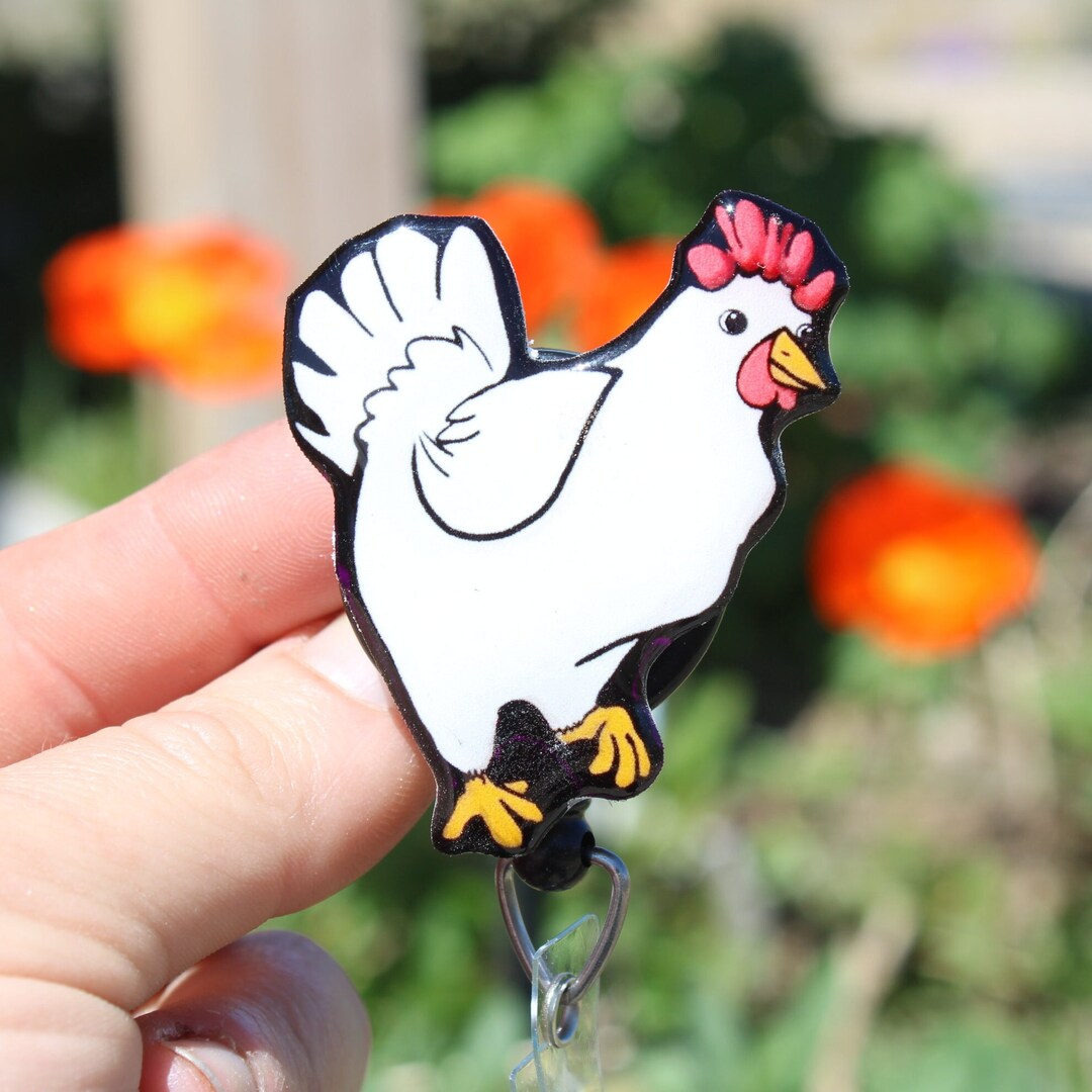White Chicken Badge Reel ID Holder: Gift for Farm Bird Lovers, Vet ...