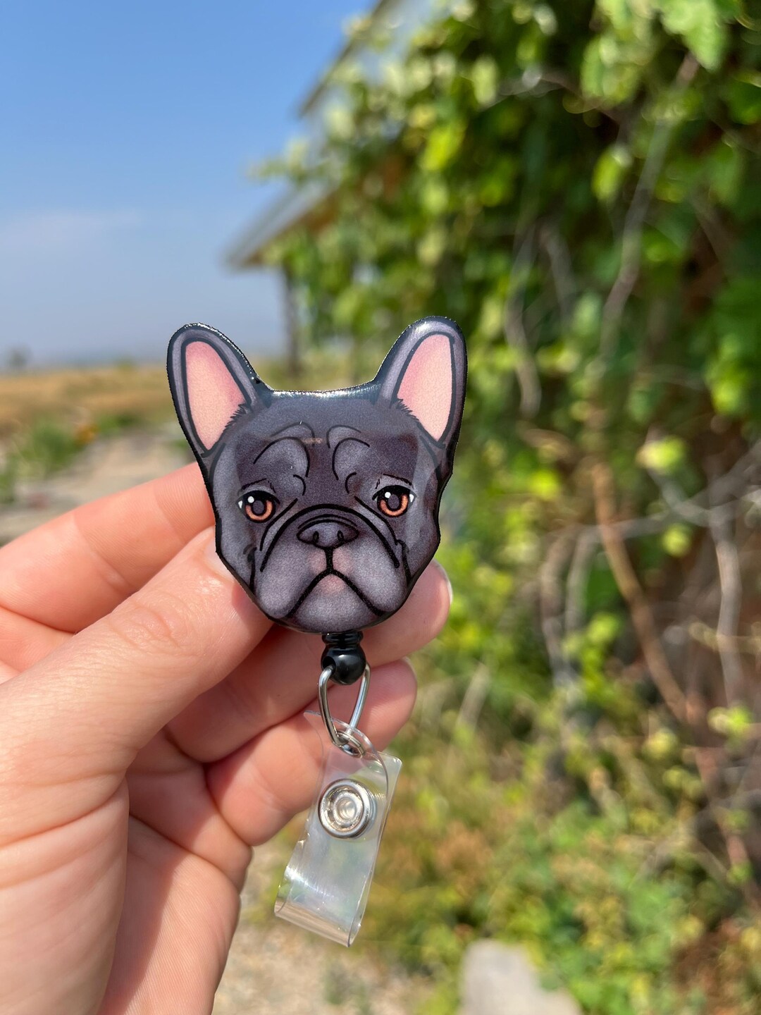 Dog Badge Reels Black French Bulldog ID Holder Gift for Nurses, Dog ...