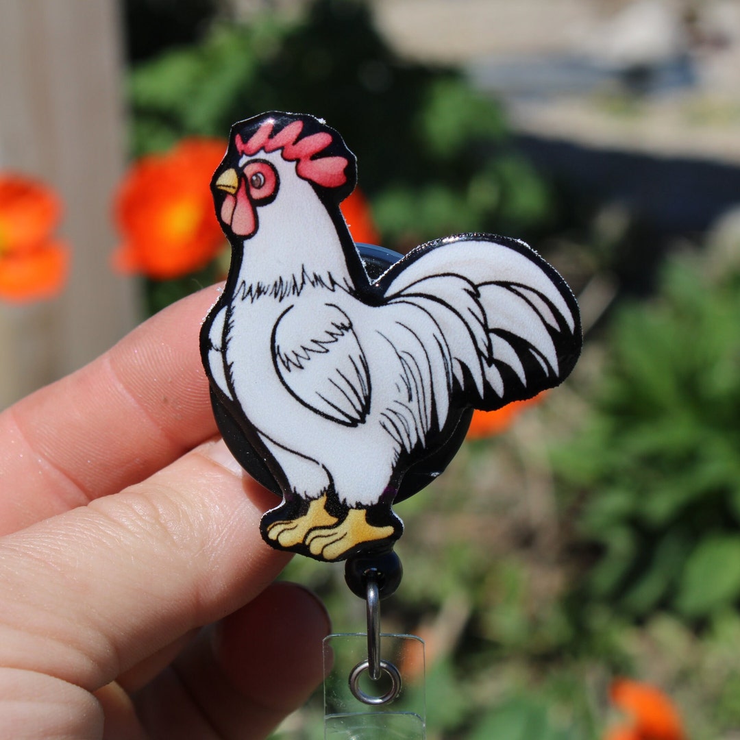 White Rooster Chicken Badge Reel ID Holder: Gift for Farm Bird Lovers ...