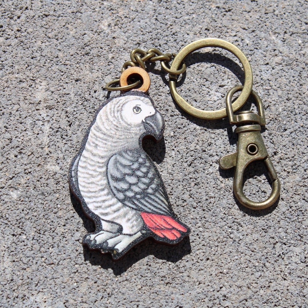 Wood African Grey Parrot Keychain: Gift for Animal Lovers, Vet Techs ...