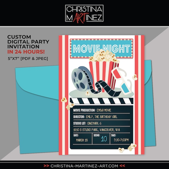 Movie Night Party Invitation, Popcorn party, Theater birthday ...
