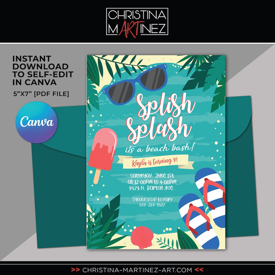 Beach Bash Party Invitation, Beach Party, Splish Splash Beach Bash ...