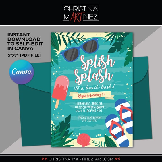Beach Bash Party Invitation, Beach Party, Splish Splash Beach Bash ...