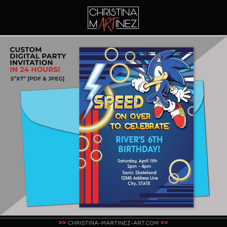 Sonic the Hedgehog Party Invitation, Sonic Birthday Party, Speed Skate ...