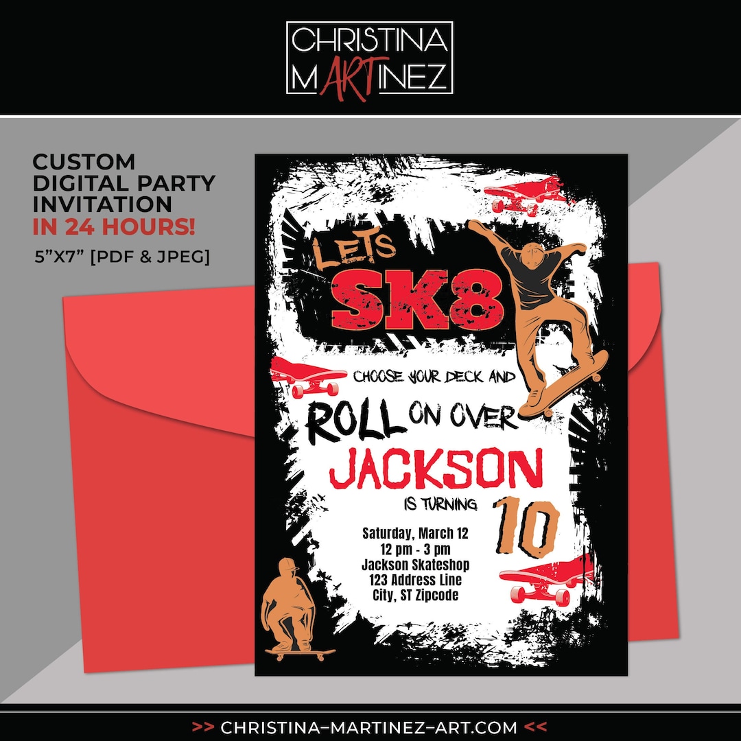 Skateboard Birthday, Skater Party, Skateboard Party Invite, Skater ...