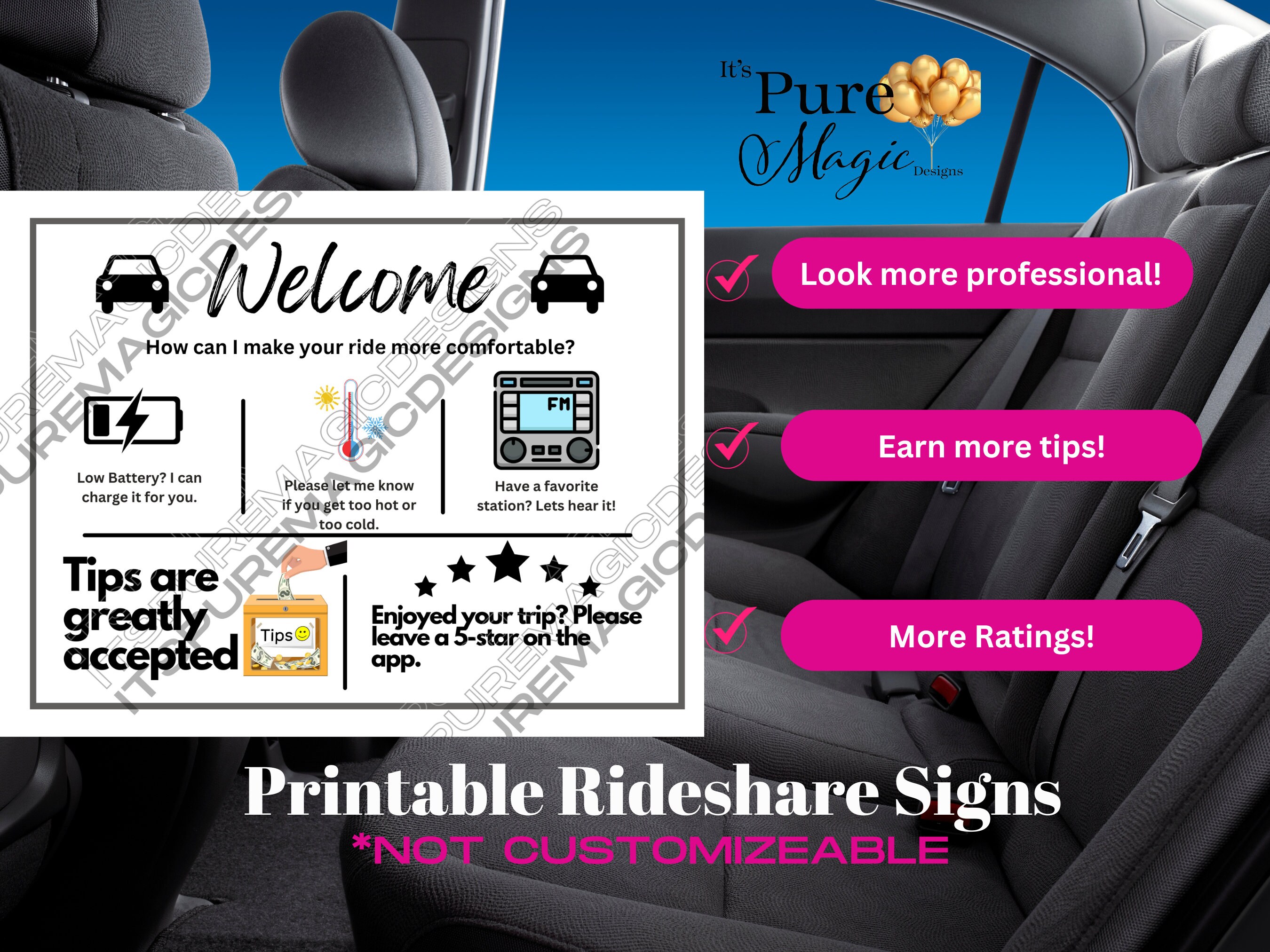 Uber Lyft Rideshare Sign Printable | Editable Sign | Uber Tip Sign ...